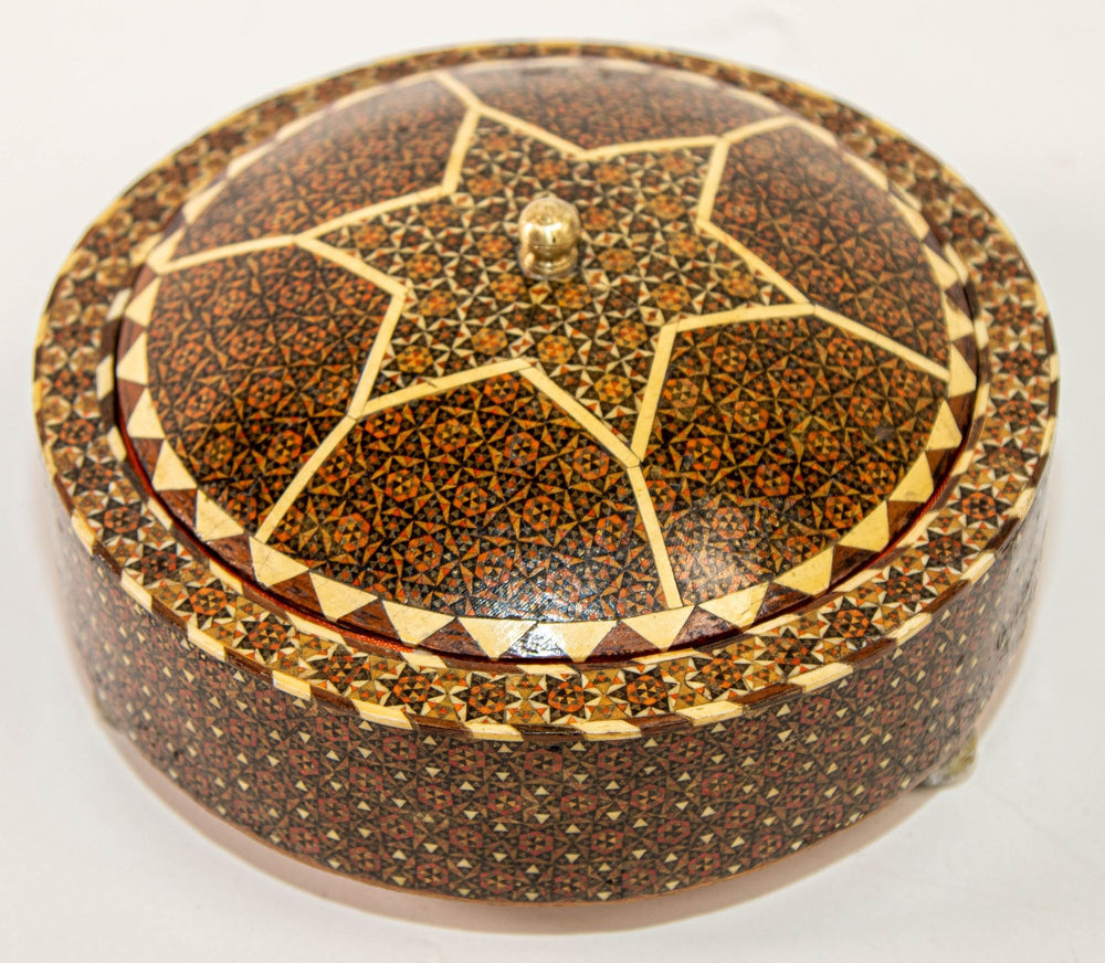 1920 Persian Khatam Kari Footed Wooden Circular Jewelry Box - E-mosaik