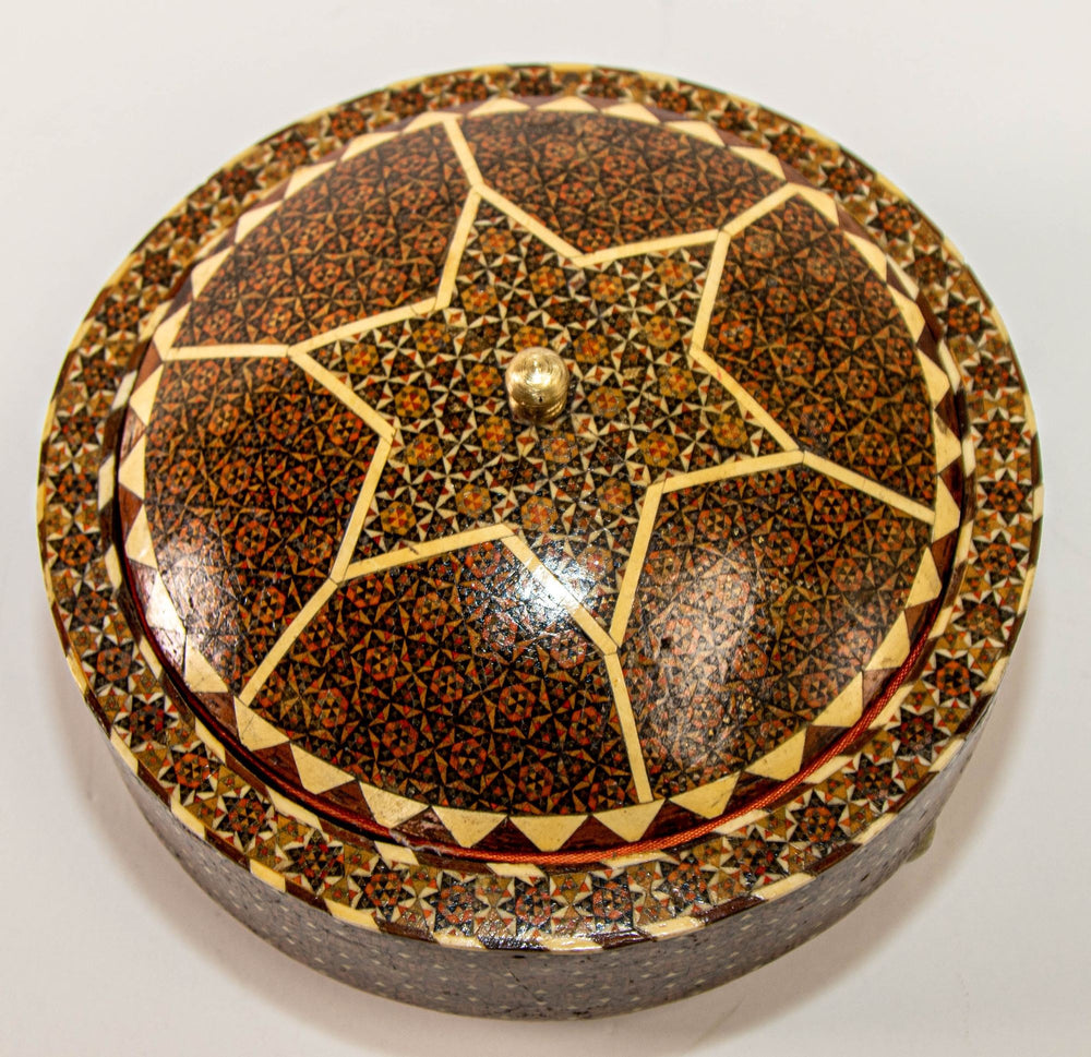 1920 Persian Khatam Kari Footed Wooden Circular Jewelry Box - E-mosaik
