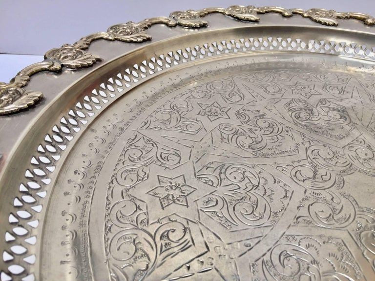 Moroccan Polished Round Footed Silvered Tray Table - E-mosaik Moroccan Polished Round Footed Silvered Tray Table - E-mosaik