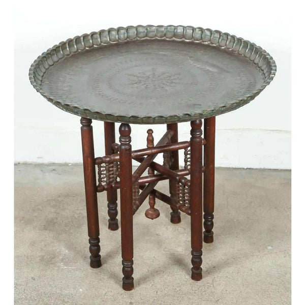 Turkish Tin Copper Tray Table on Wooden Folding Stand - E-mosaik